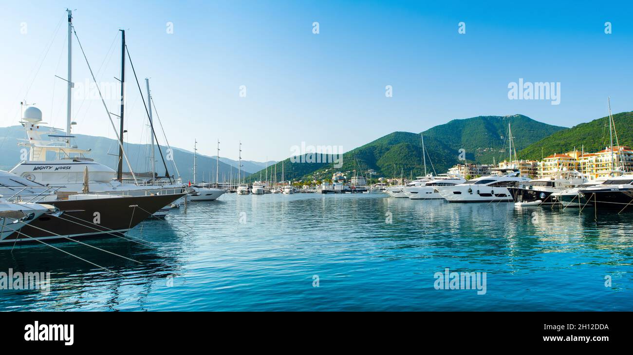 Tivat, Montenegro - June 28, 2021: Panoramic sunset view of the yacht ...