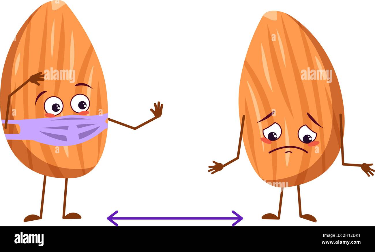 Cute almond characters with emotions, face and mask keep distance, arms ...