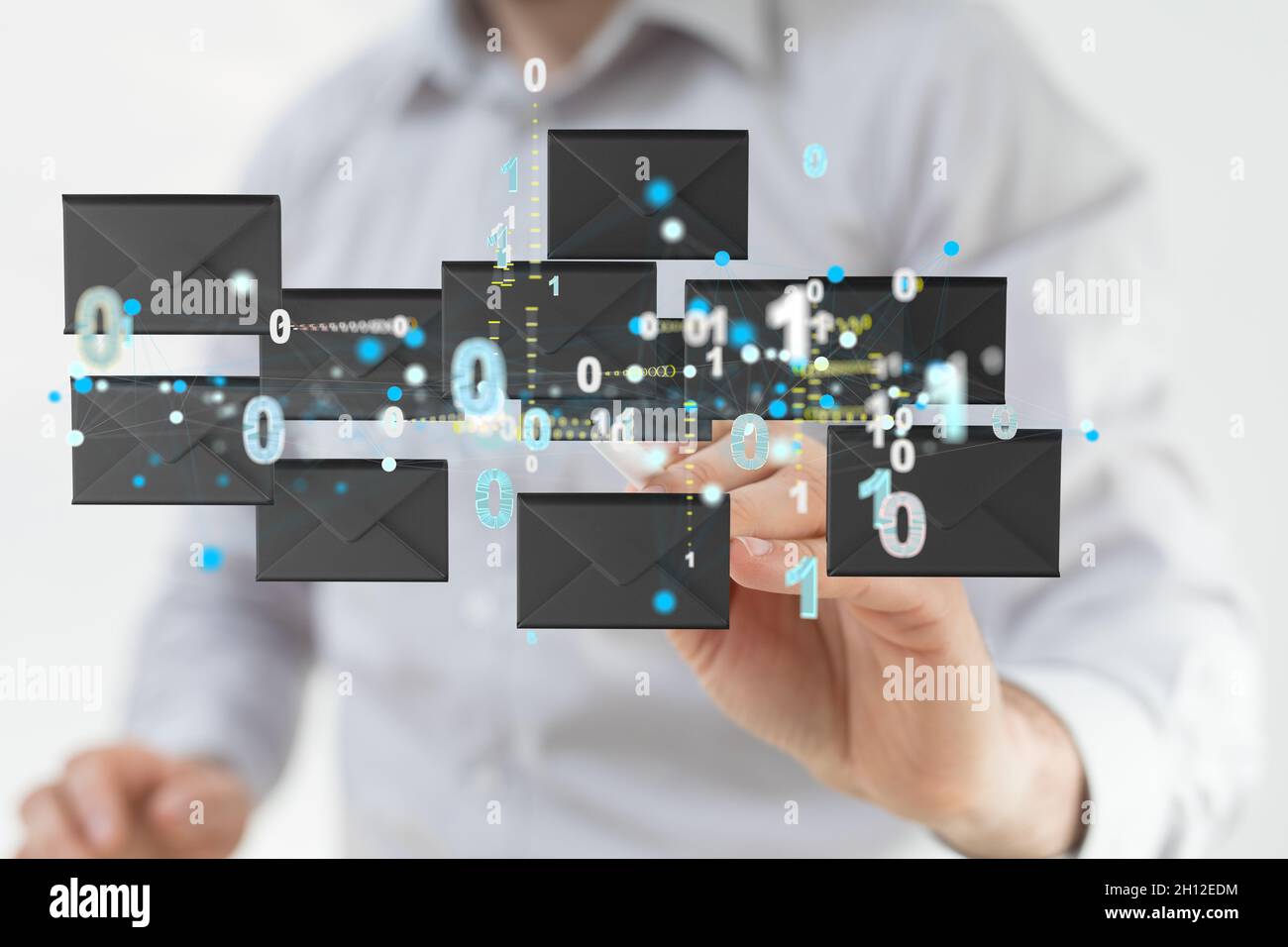 3D render of an email symbol and Network Communications with a blurry ...