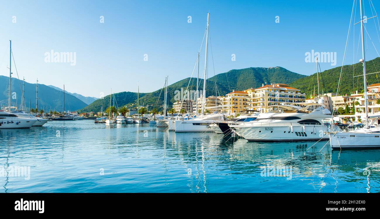 Tivat, Montenegro - June 28, 2021: Panoramic sunset view of the yacht ...