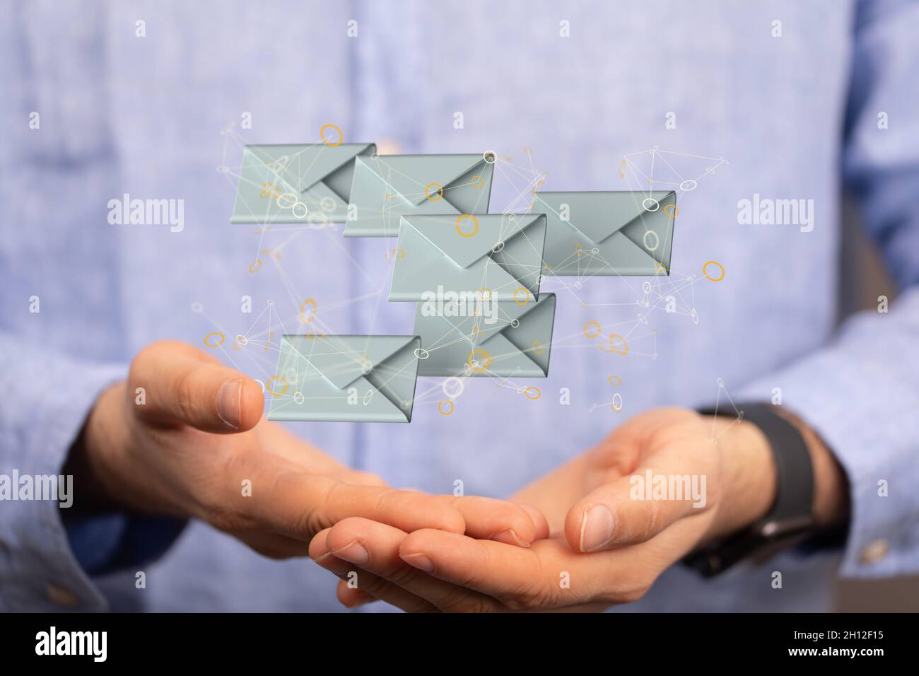 3D render of an email symbol and Network Communications with a blurry ...