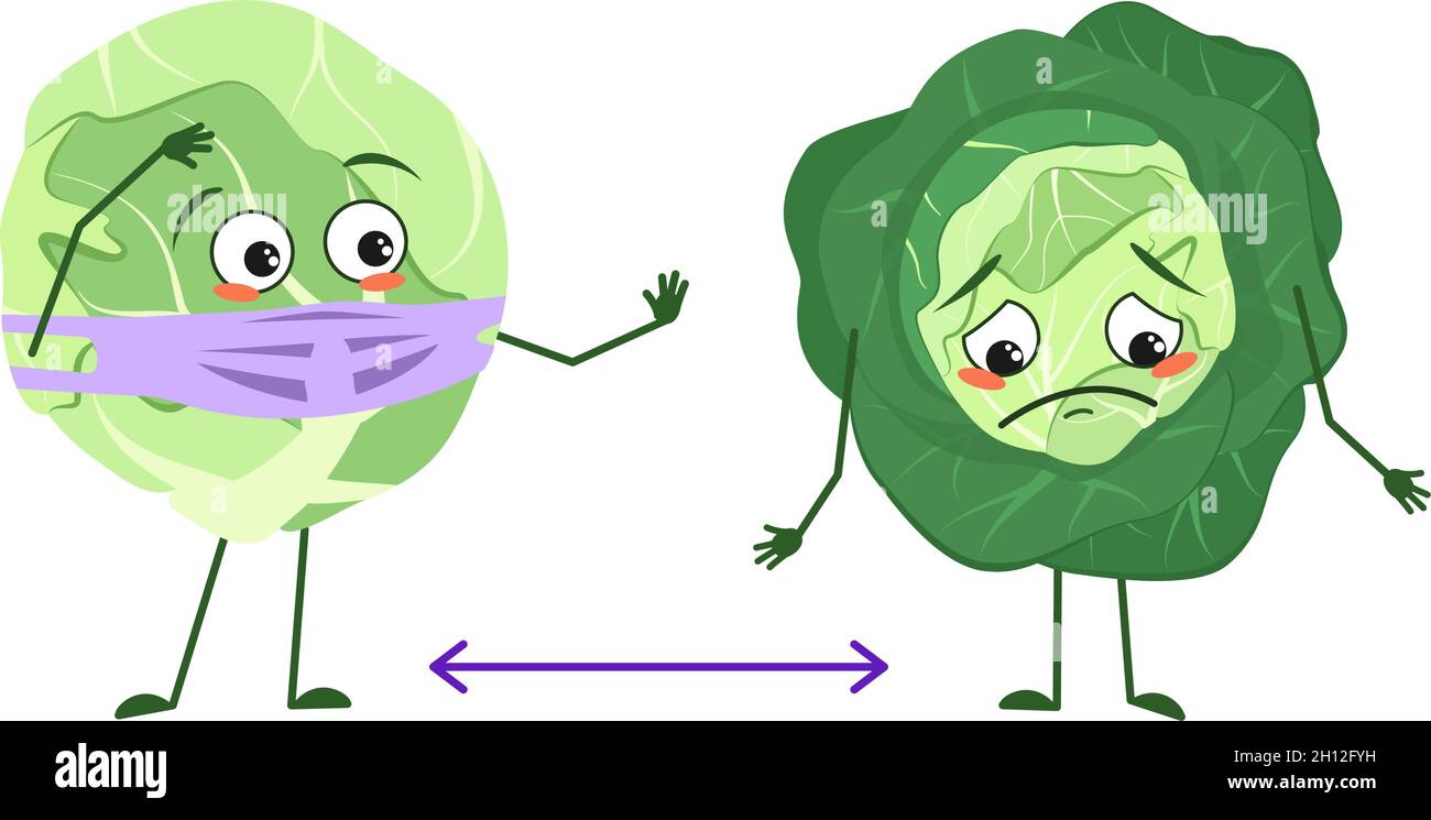 Cute cabbage characters with emotions, face and mask keep distance ...