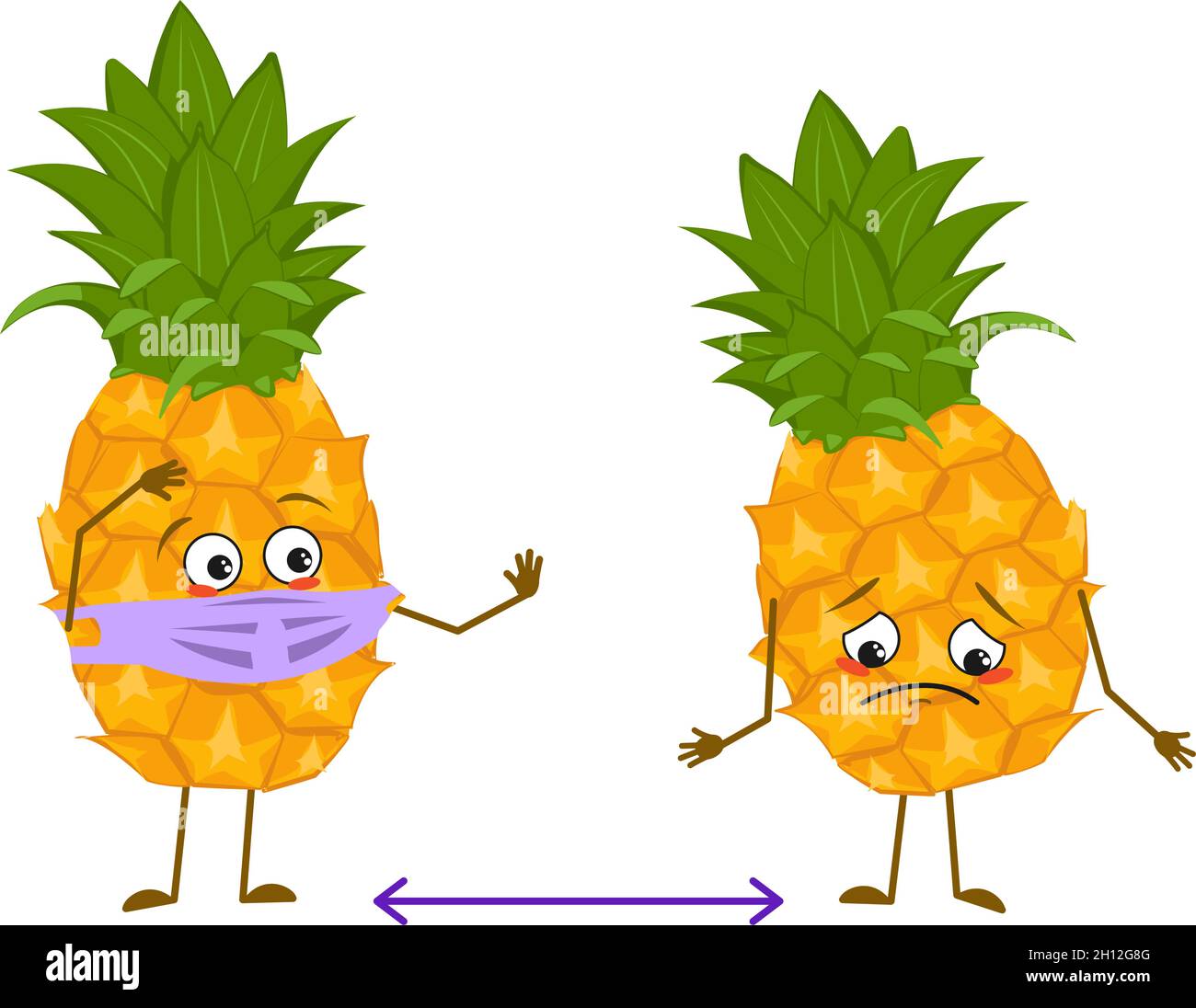 Cute pineapple characters with emotions, face and mask keep distance ...