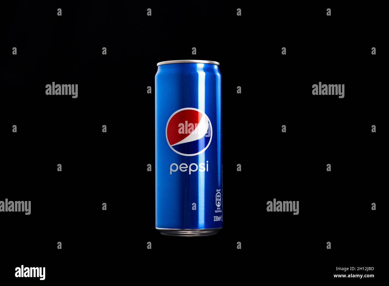 Editorial photo of classic Pepsi can on black background. Studio shot ...