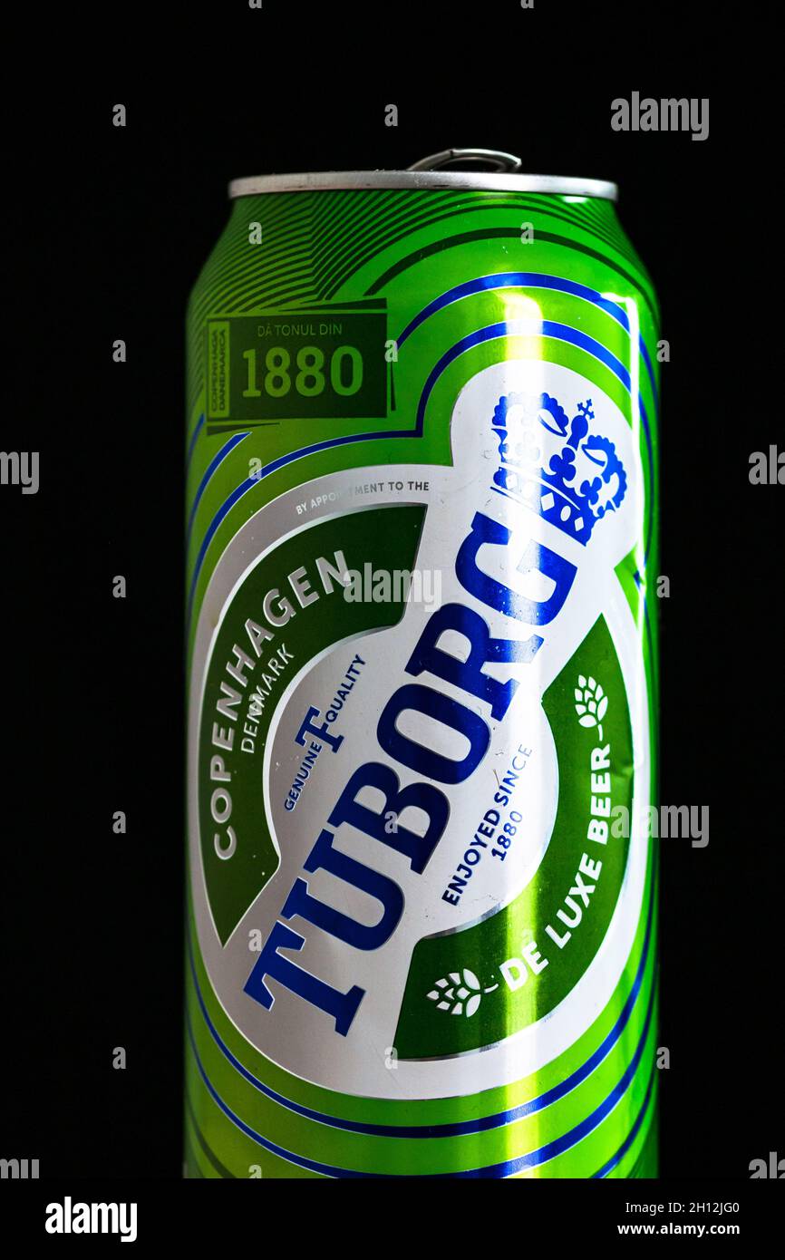 Tuborg Danish beer in a tin aluminum can. Detail photo of beer can in ...