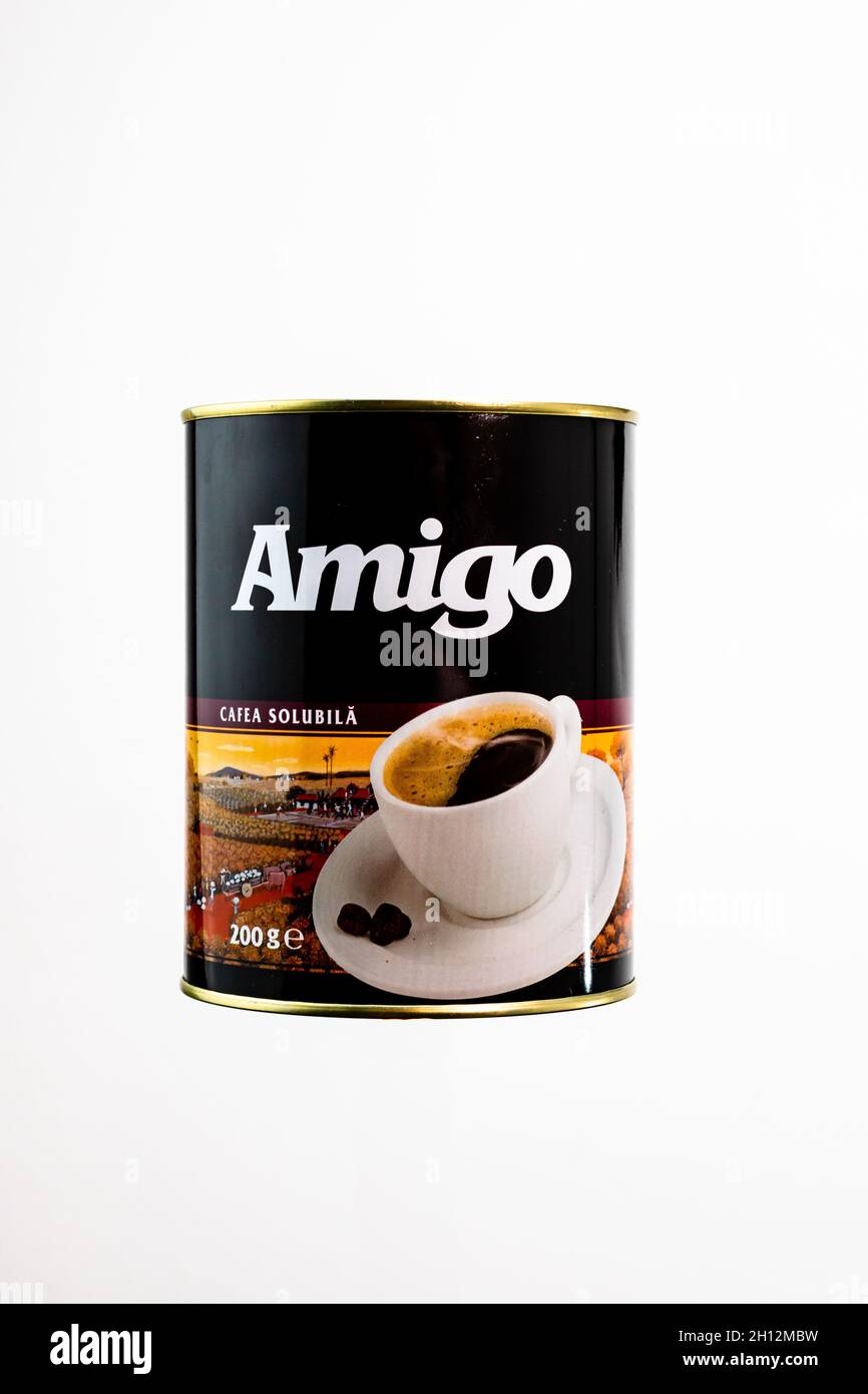 Famous Romanian instant coffee brand Amigo in a metal can. Coffee photo ...