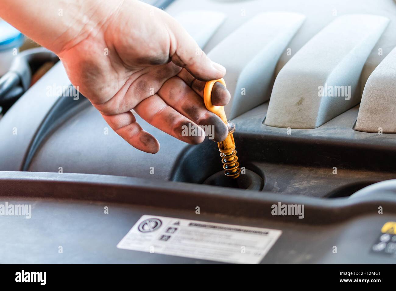 Car mechanic checking the engine oil level Stock Photo - Alamy