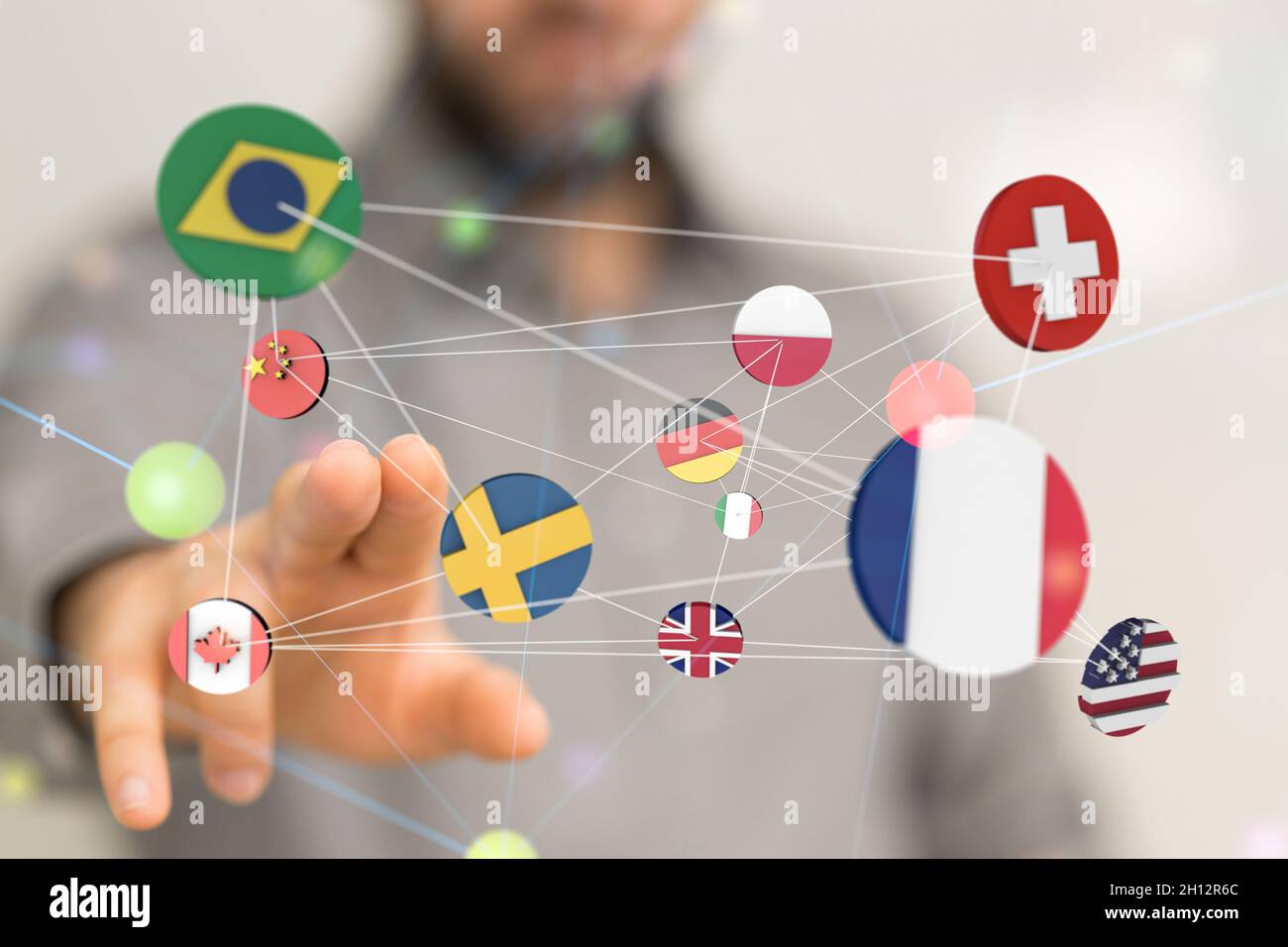3D rendering of the world's national flags on a blurry background Stock ...