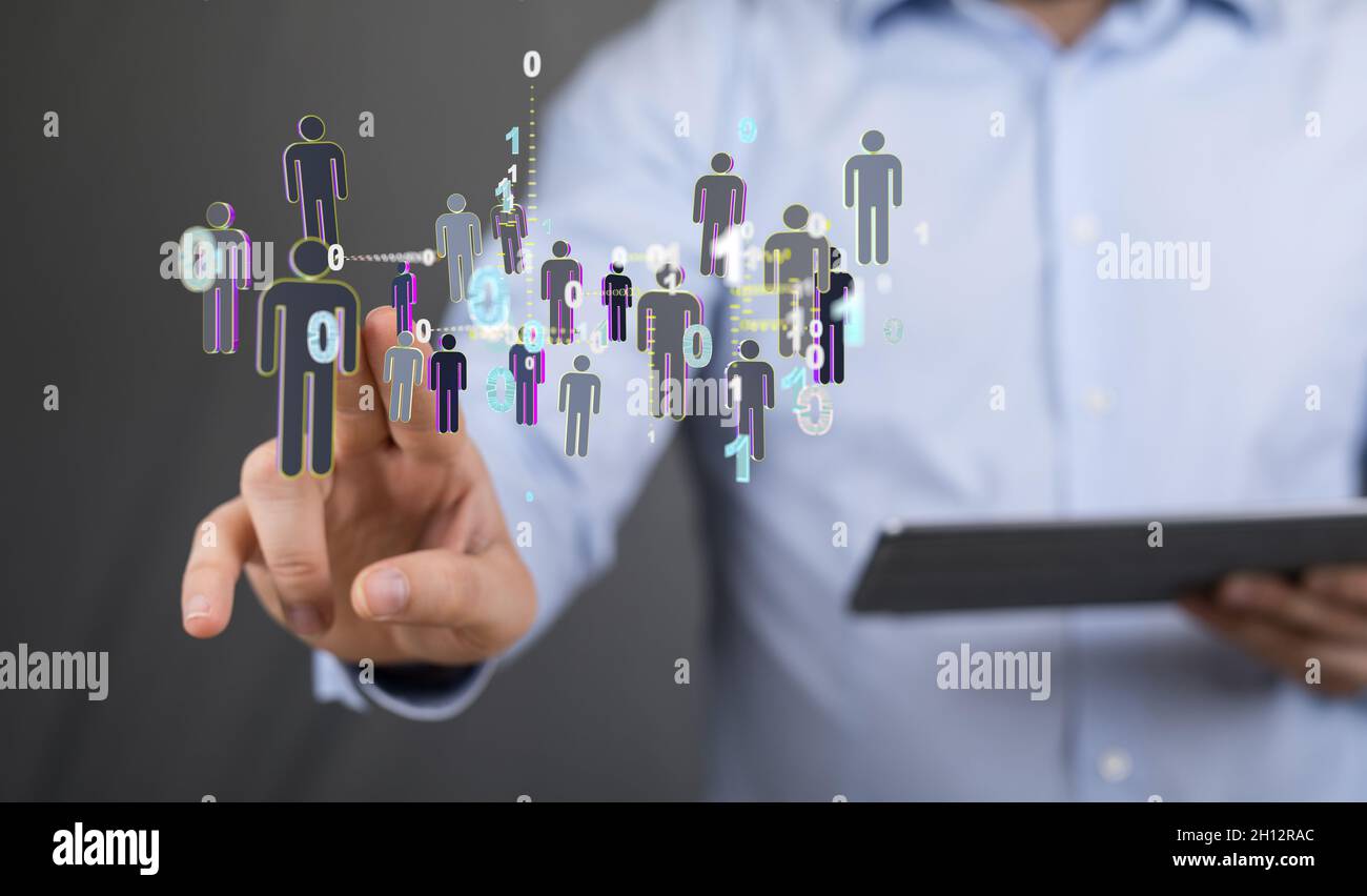 Person tapping floating 3D rendered human icons with binary code Stock Photo - Alamy