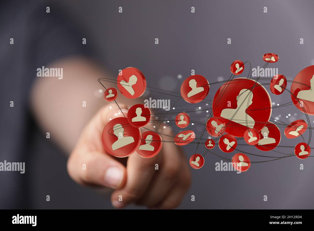 Person tapping 3D rendered floating human icons Stock Photo - Alamy