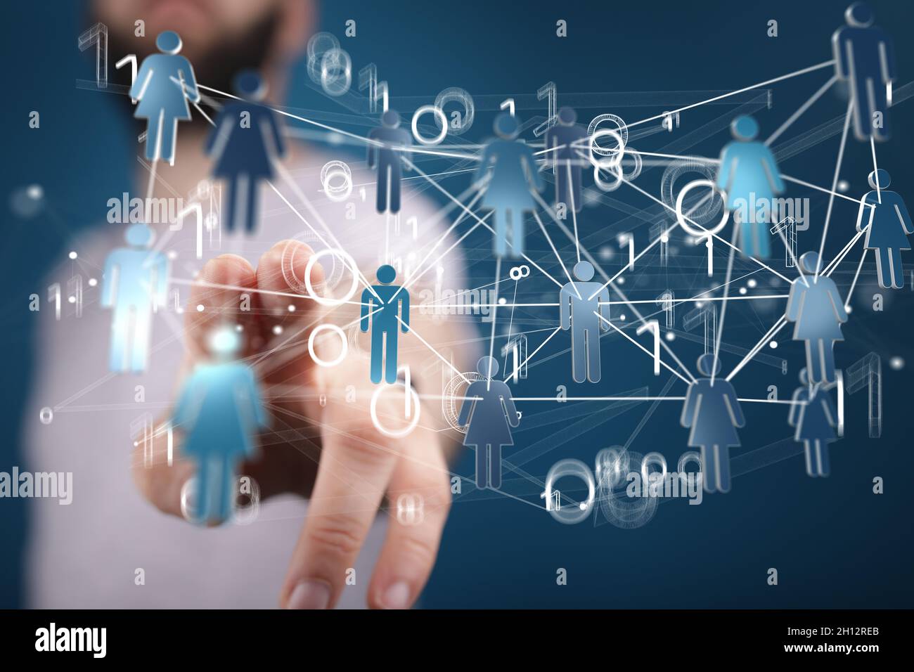 Person tapping 3D rendered floating human icons Stock Photo - Alamy