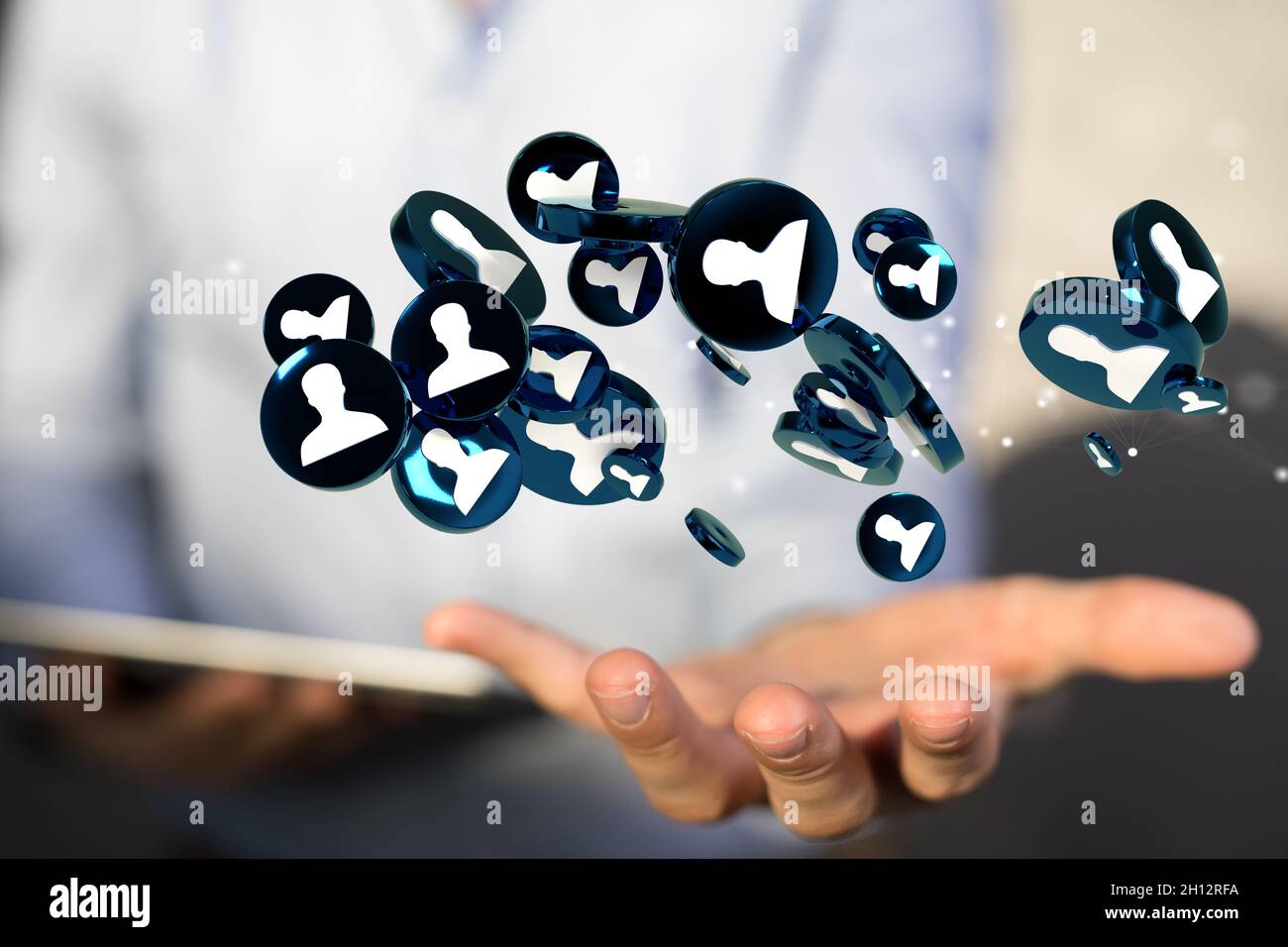 3D rendered human icons network hovering over a man's hand Stock Photo ...