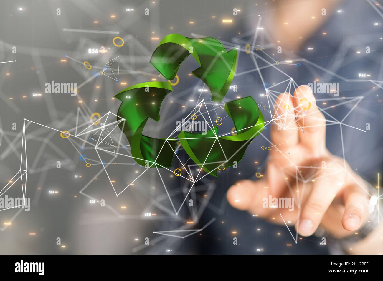 Man tapping a floating 3D rendered recycle icon Stock Photo - Alamy