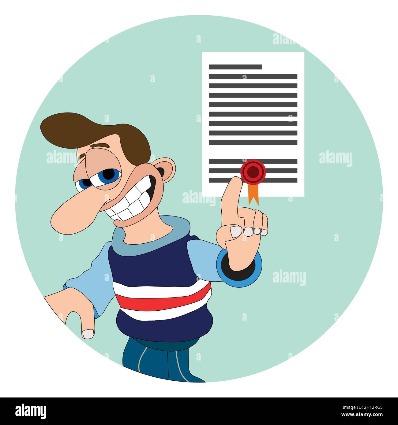 Man with cheeky smile and big nose pointing at a diploma paper round ...