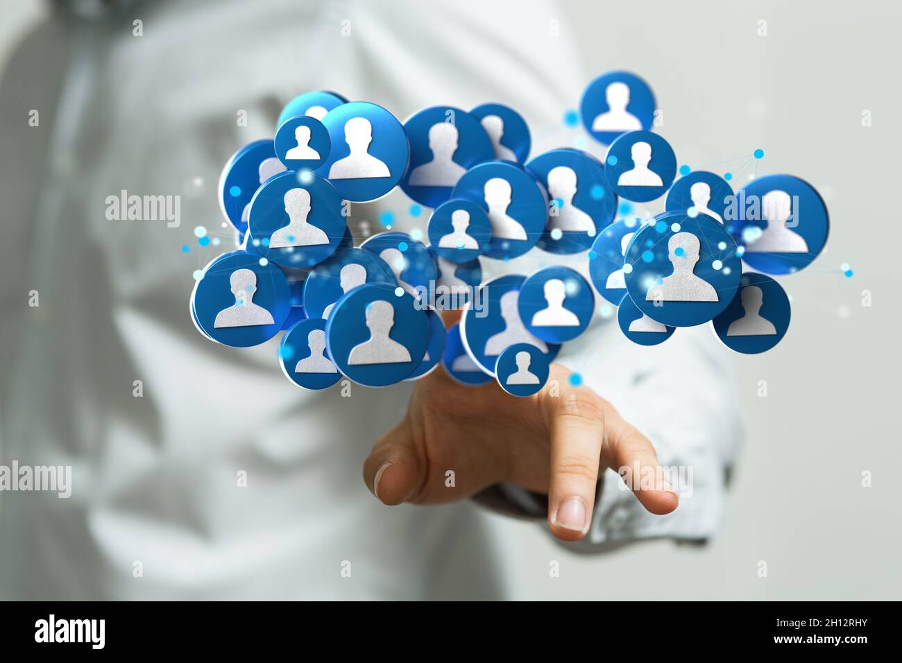 Person tapping floating 3D rendered human icons - digital work conference concept Stock Photo ...