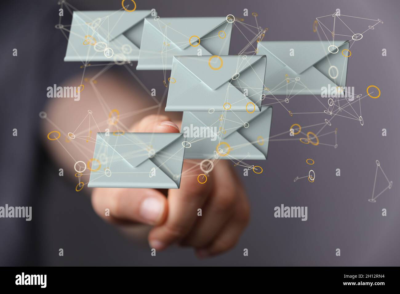 Man tapping floating 3D rendered white mail icons Stock Photo - Alamy