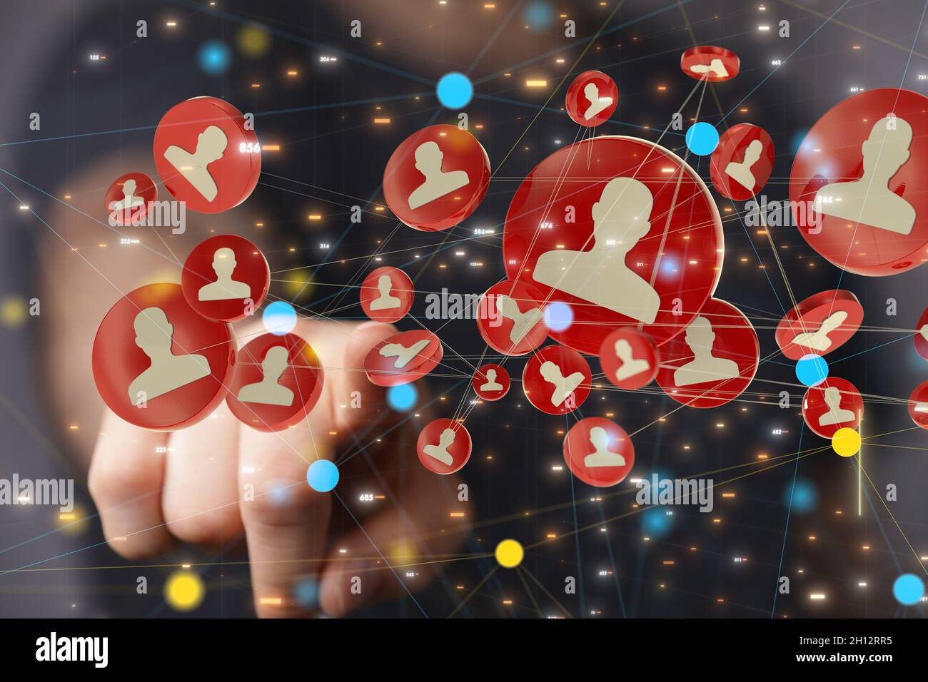 Person tapping floating 3D rendered red human icons Stock Photo - Alamy