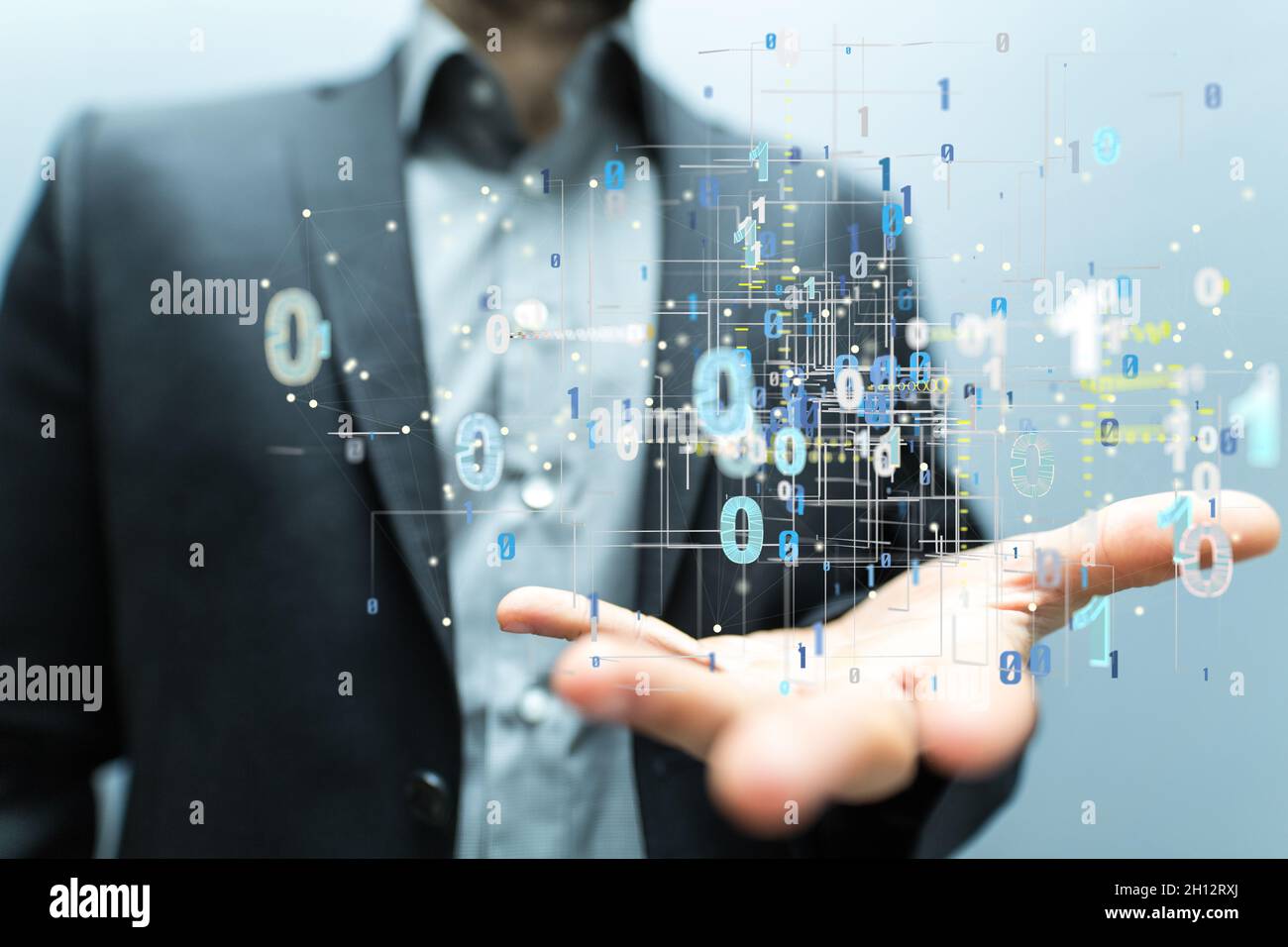 3d Rendered Abstract Network With Binary Code Hovering Over A Mans 8846