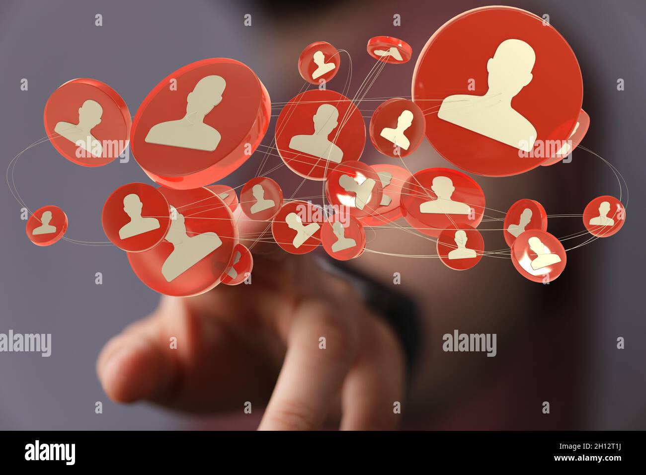 Person tapping floating 3D rendered red human icons Stock Photo - Alamy