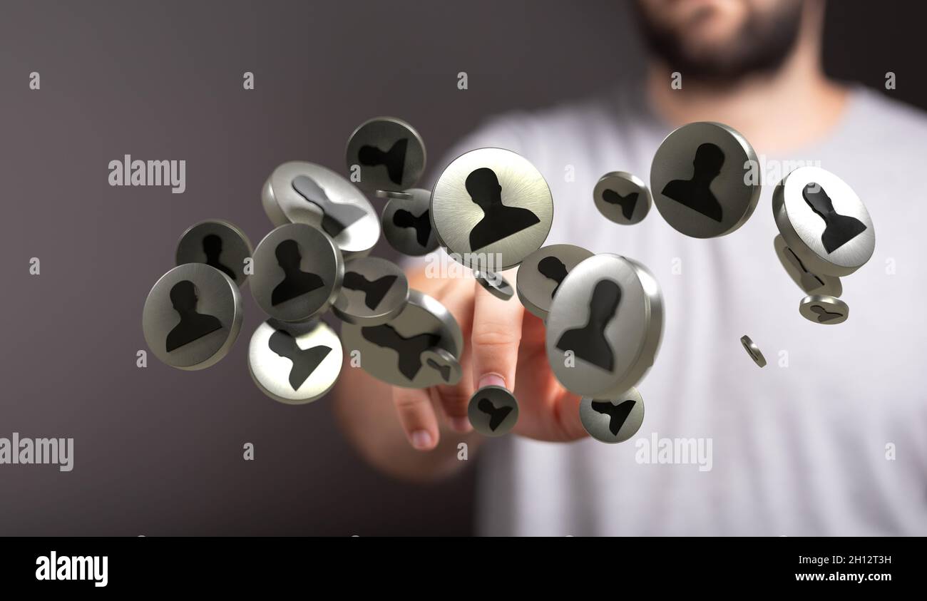 Person tapping floating 3D rendered red human icons Stock Photo - Alamy