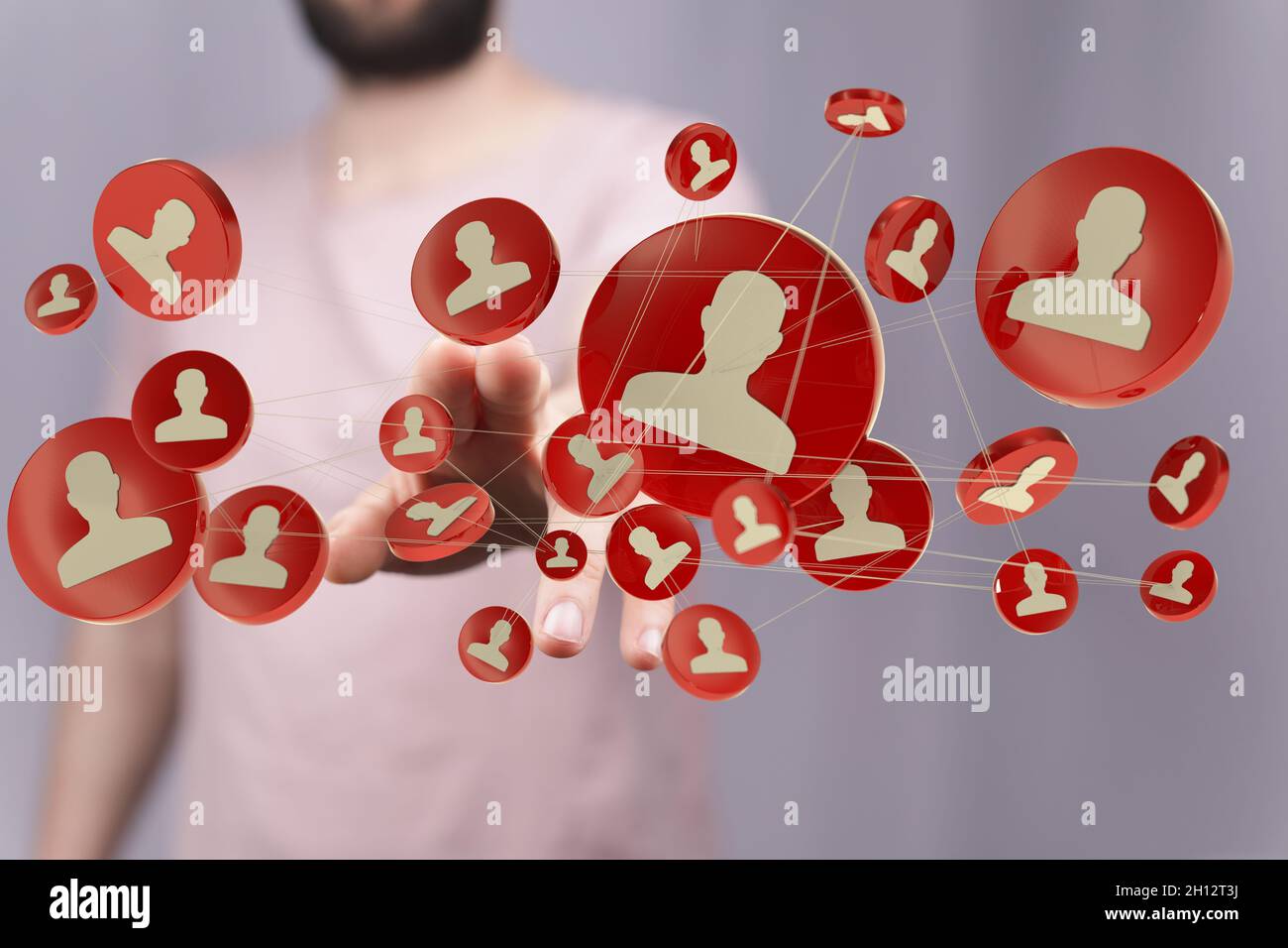 Person tapping floating 3D rendered red human icons Stock Photo - Alamy