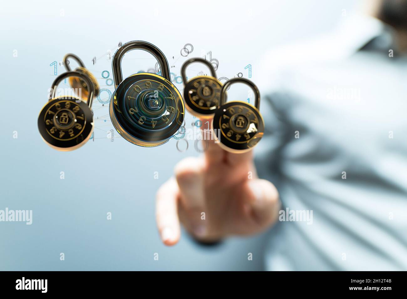 Person tapping floating 3D rendered padlock with binary code Stock Photo - Alamy