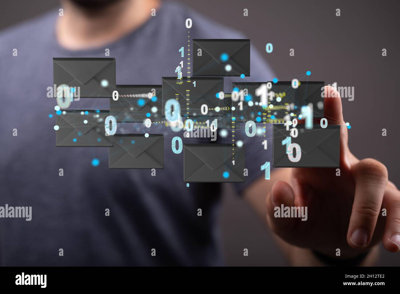 3D render of an email symbol and Network Communications with a blurry ...