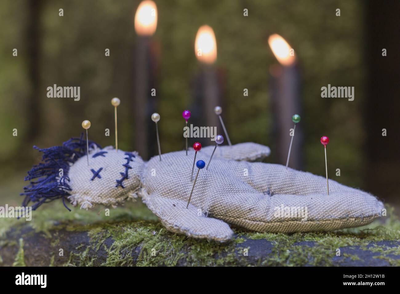 Closeup shot of a voodoo doll with needles on a mossy rock and tree ...