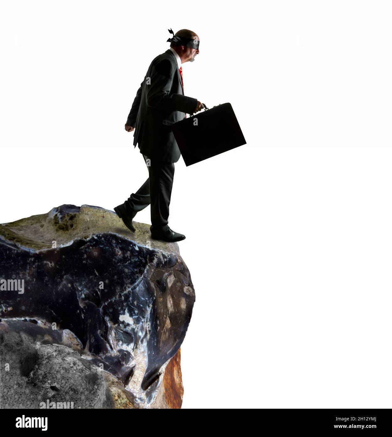 Blindfolded man running off a cliff, conceptual image Stock Photo - Alamy