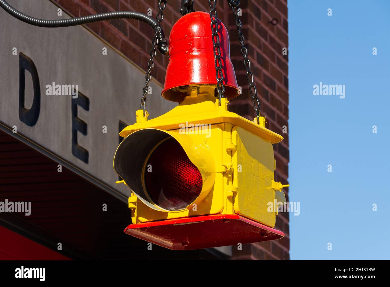 Vintage fire street signal at old firehouse. Belvidere, Illinois, USA ...