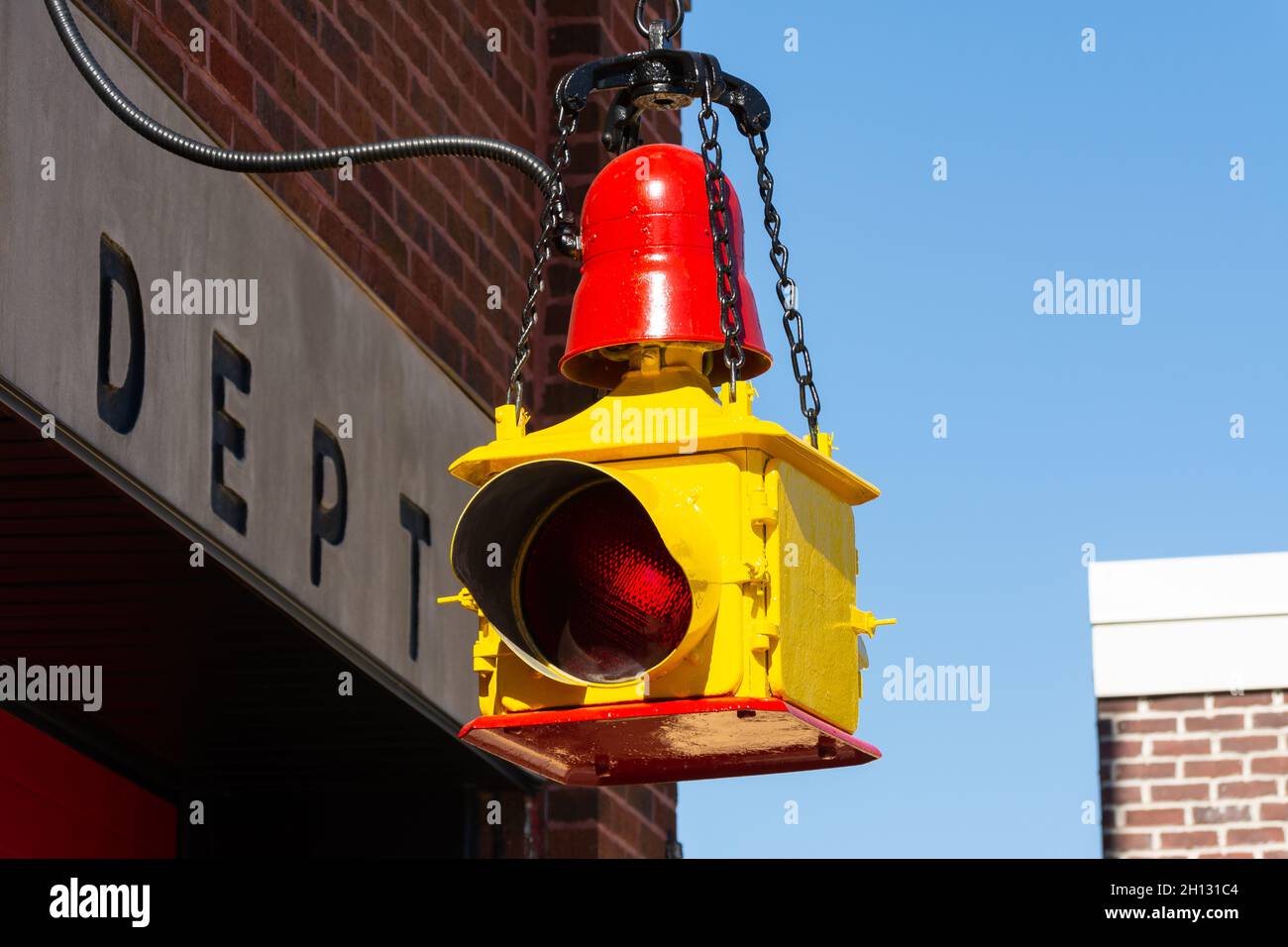 Vintage fire street signal at old firehouse. Belvidere, Illinois, USA ...