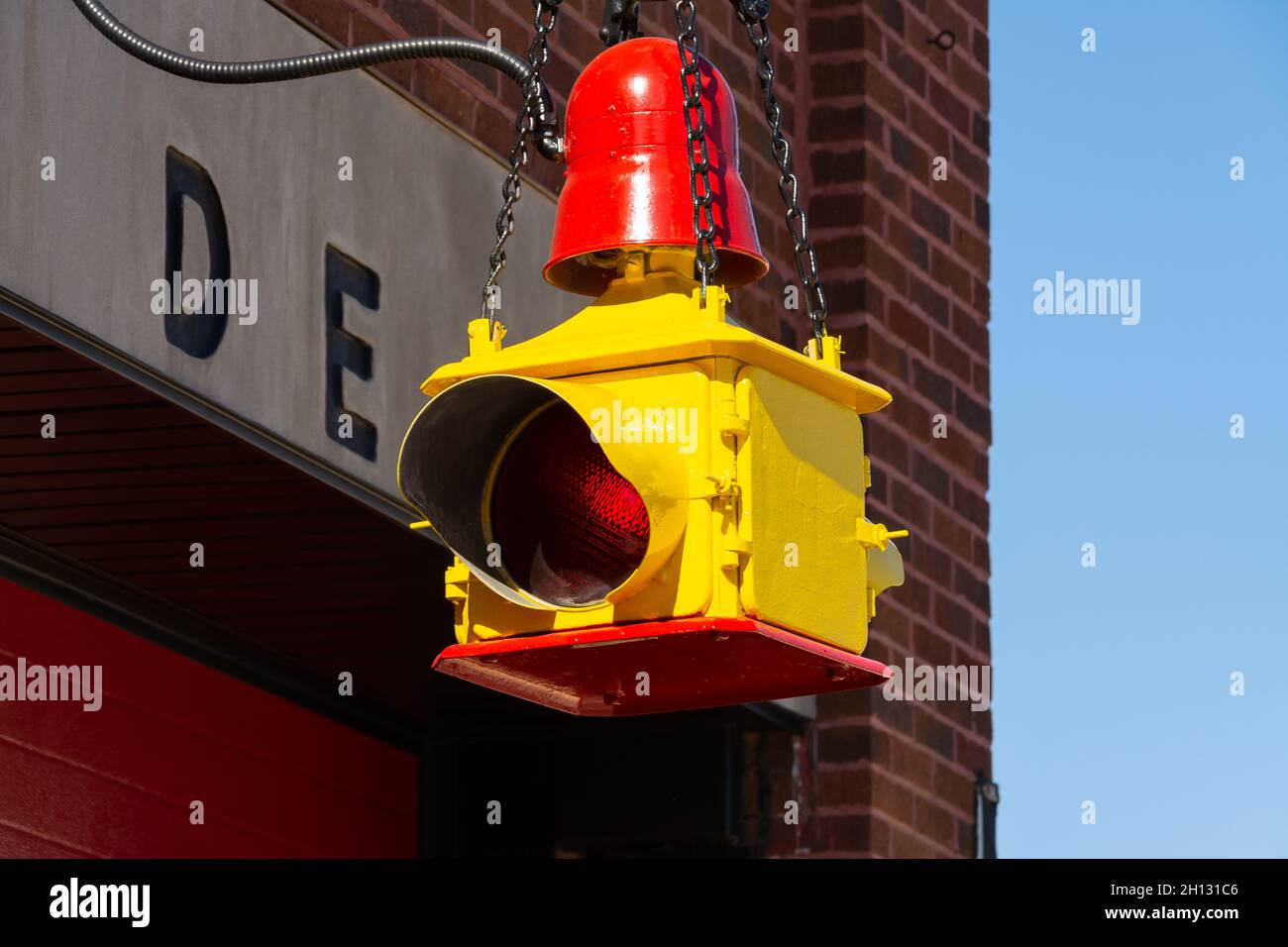 Vintage fire street signal at old firehouse. Belvidere, Illinois, USA ...