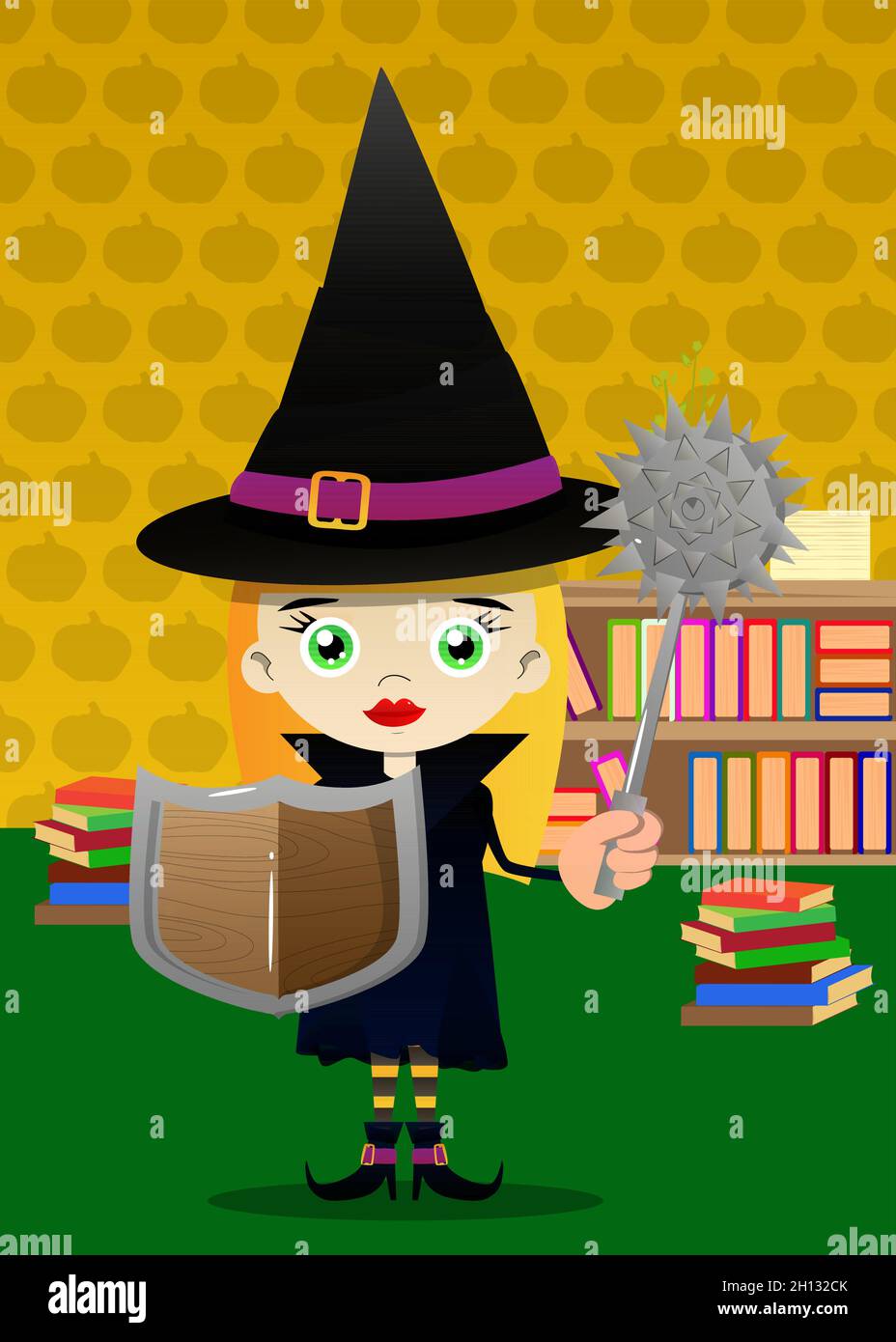 Kid dressed for Halloween holding a spiked mace and shield. Vector ...