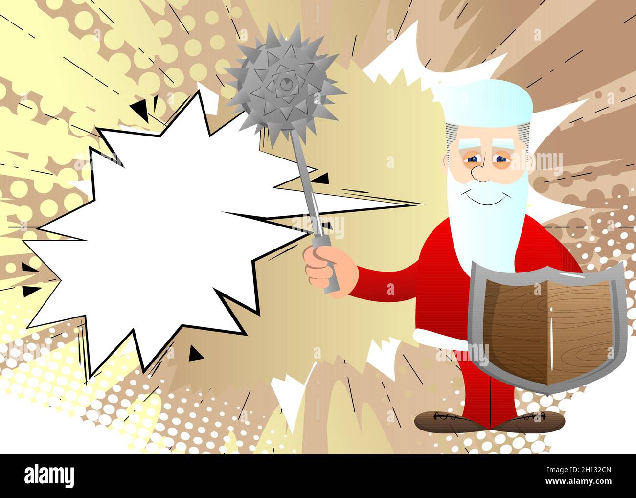 Santa Claus in his red clothes with white beard holding a spiked mace ...