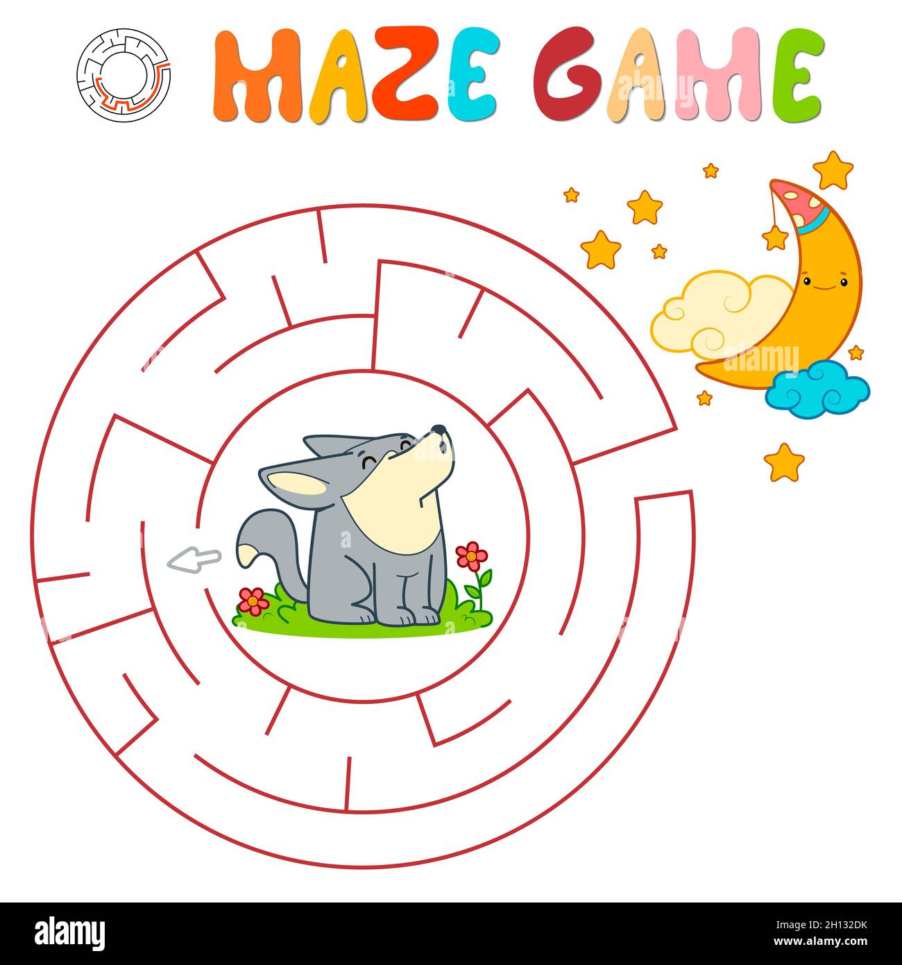 Maze puzzle game for children. Circle maze or labyrinth game with wolf ...