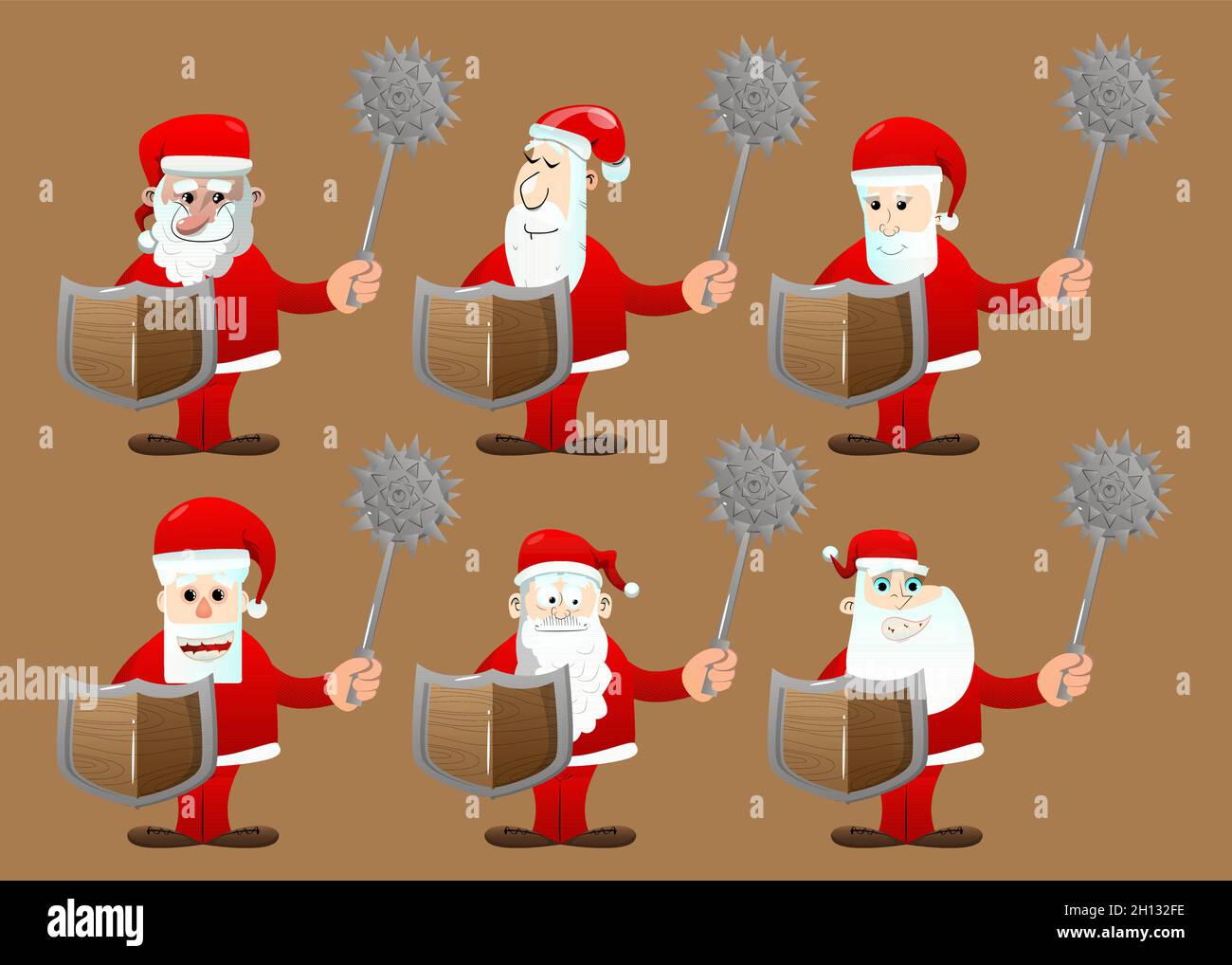 Santa Claus in his red clothes with white beard holding a spiked mace ...