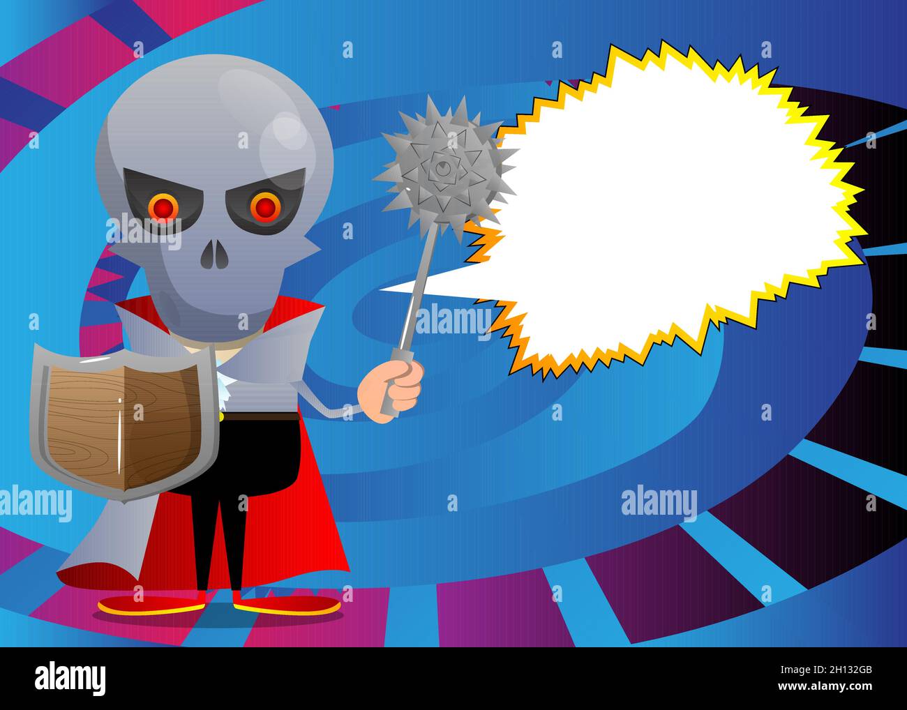 Kid dressed for Halloween holding a spiked mace and shield. Vector ...