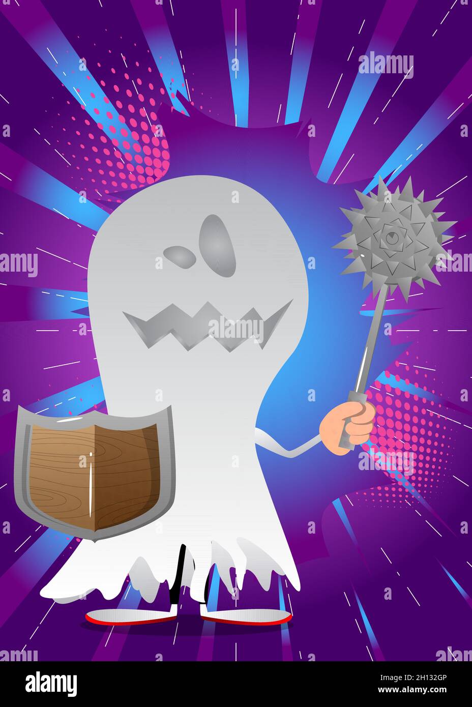 Kid dressed for Halloween holding a spiked mace and shield. Vector ...