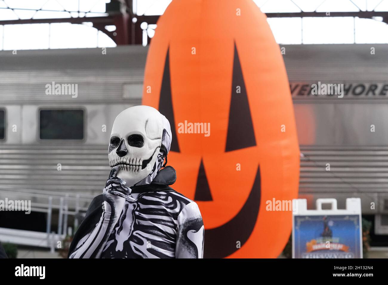 St. Louis, USA. 15th Oct, 2021. A skeleton character waits for visitors ...