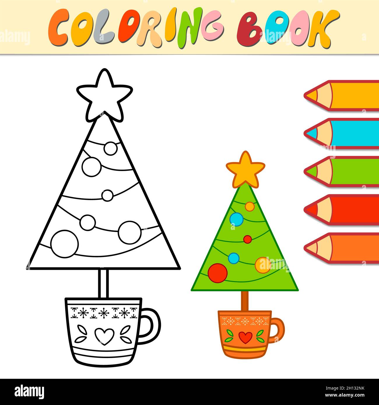 Coloring book or Coloring page for kids. Christmas tree black and white ...