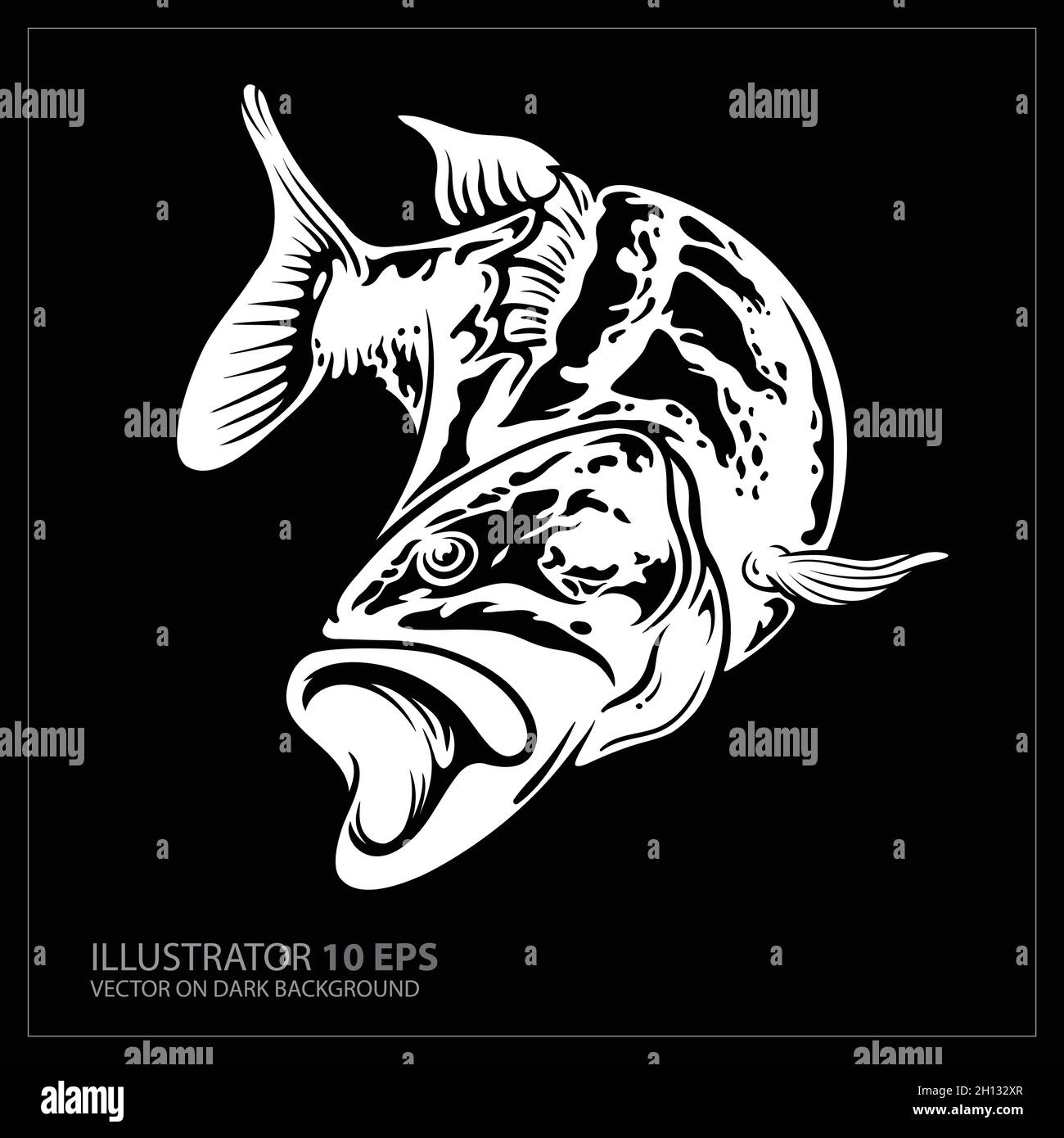 Vector Illustration of a largemouth bass fish jumping in black ...