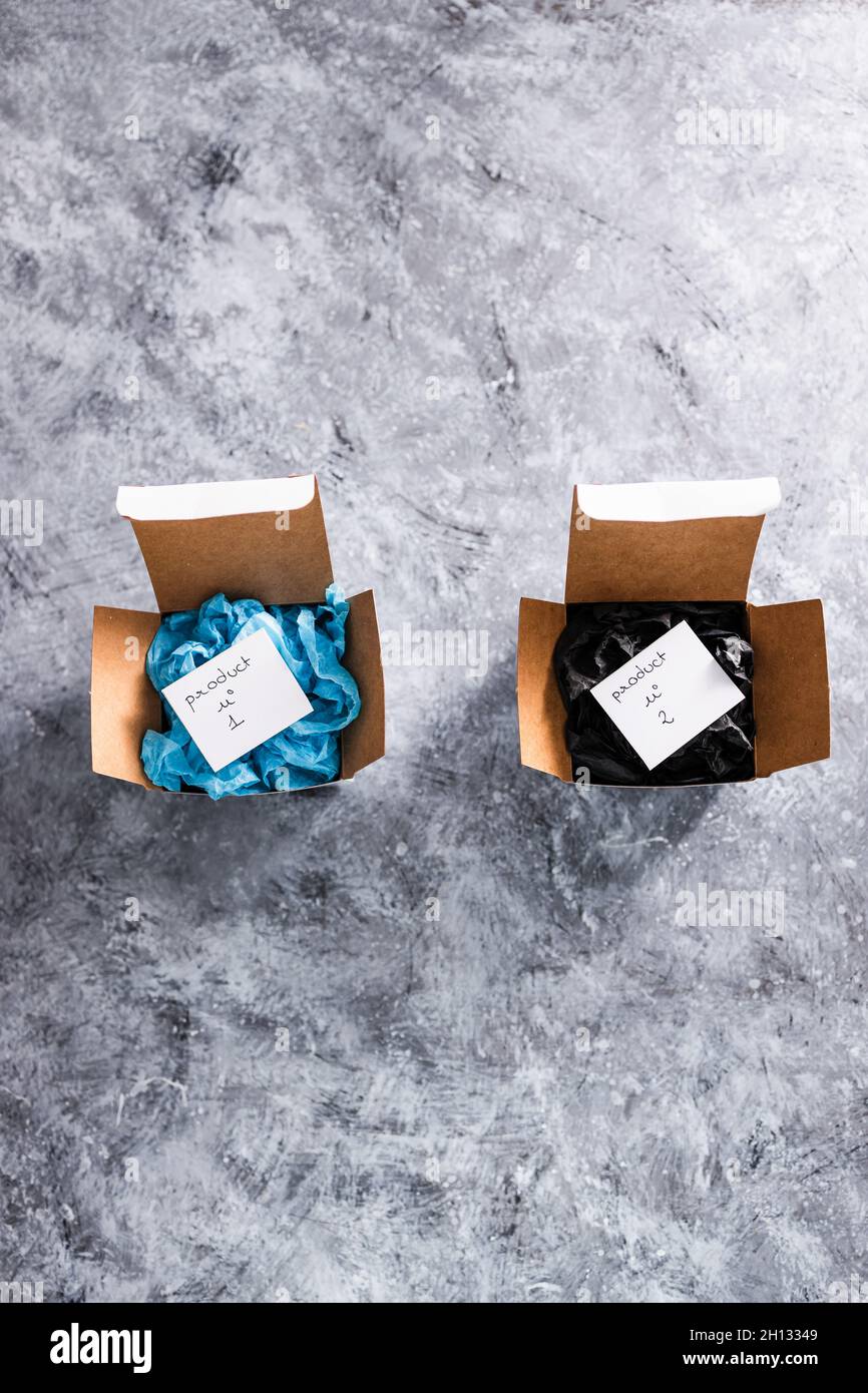 online delivery parcel boxes with Product 1 and 2 on tags with ...
