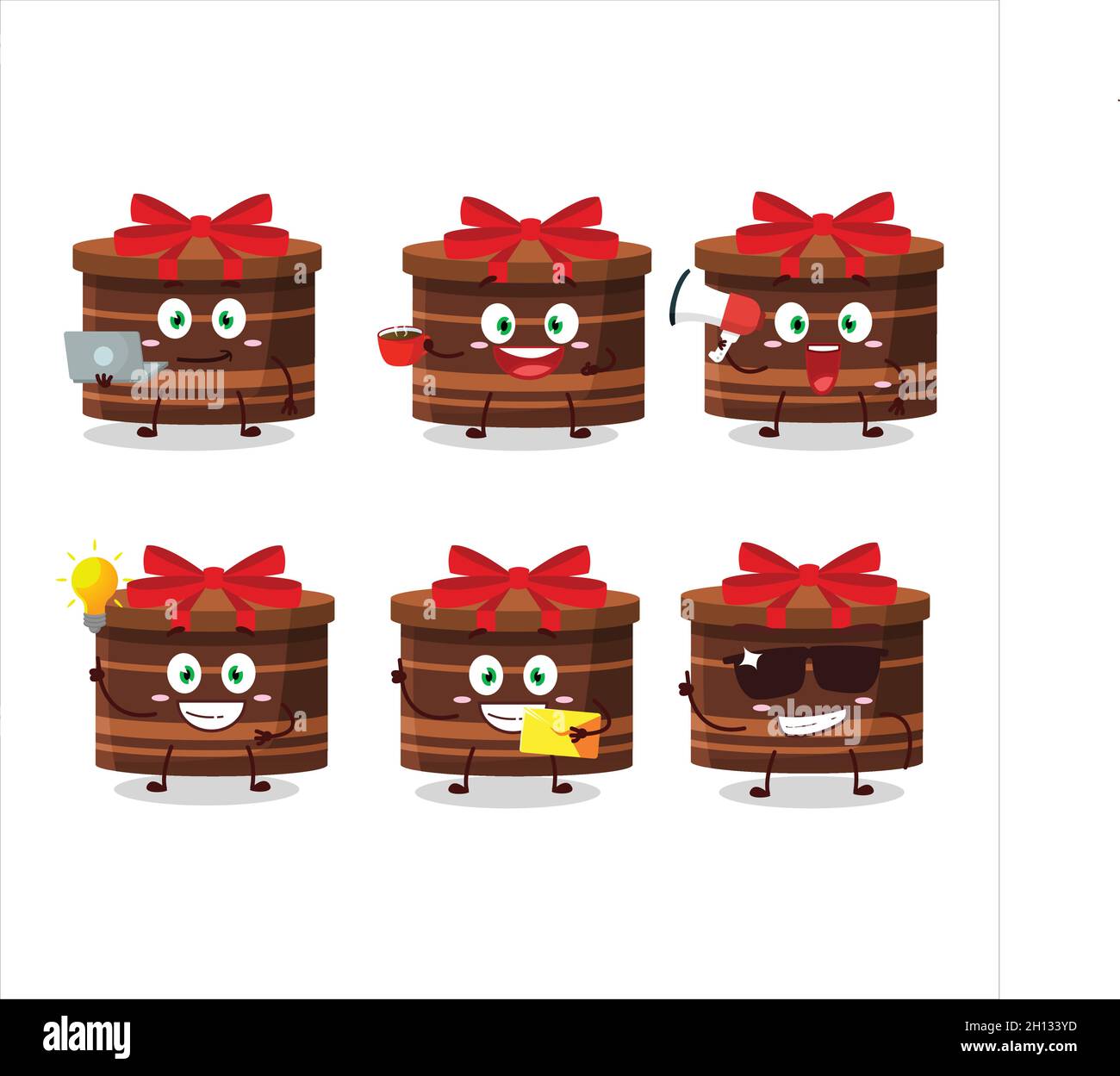 Brown round gift cartoon character with various types of business ...