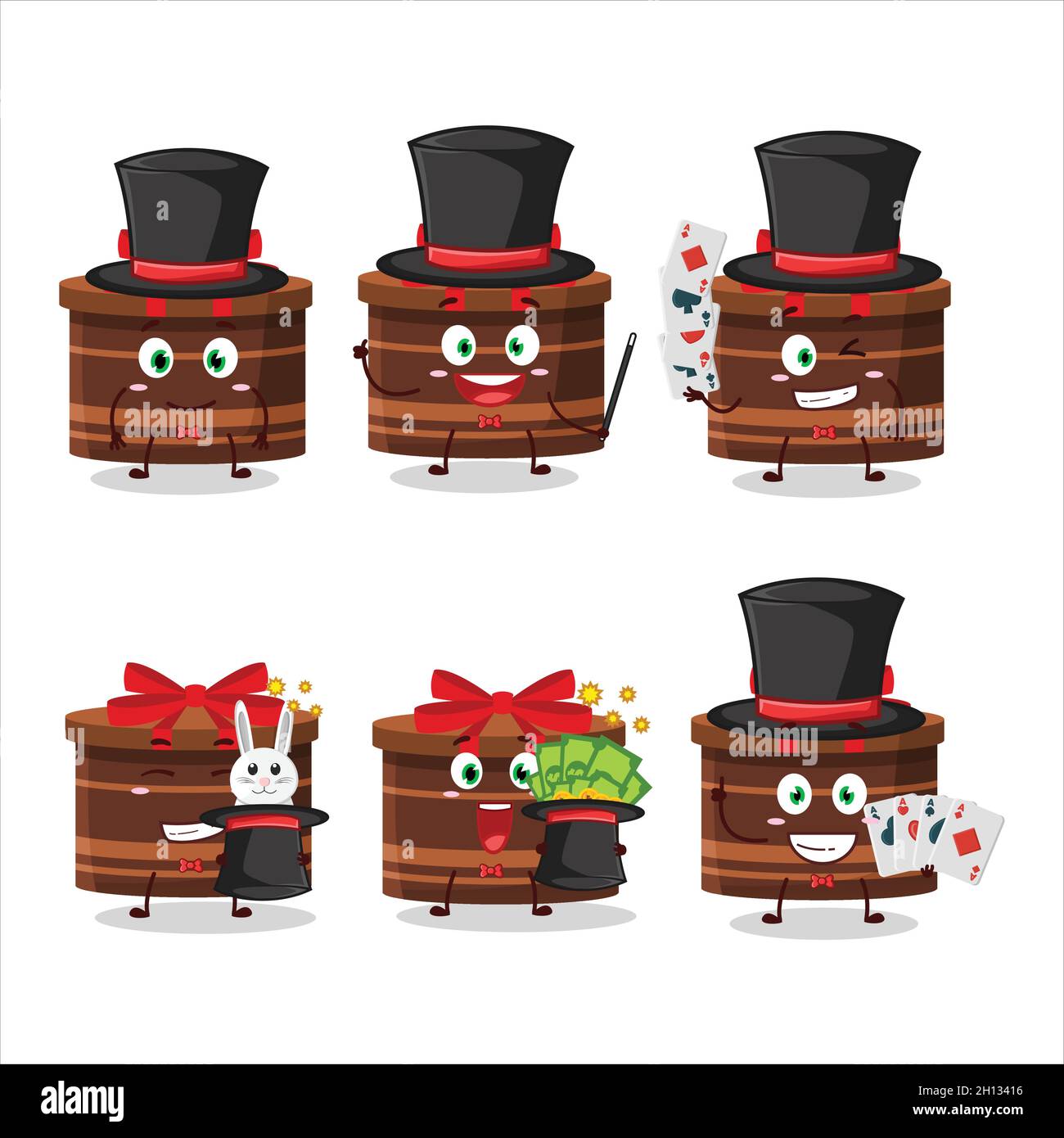 A brown round gift Magician cartoon character perform on a stage ...