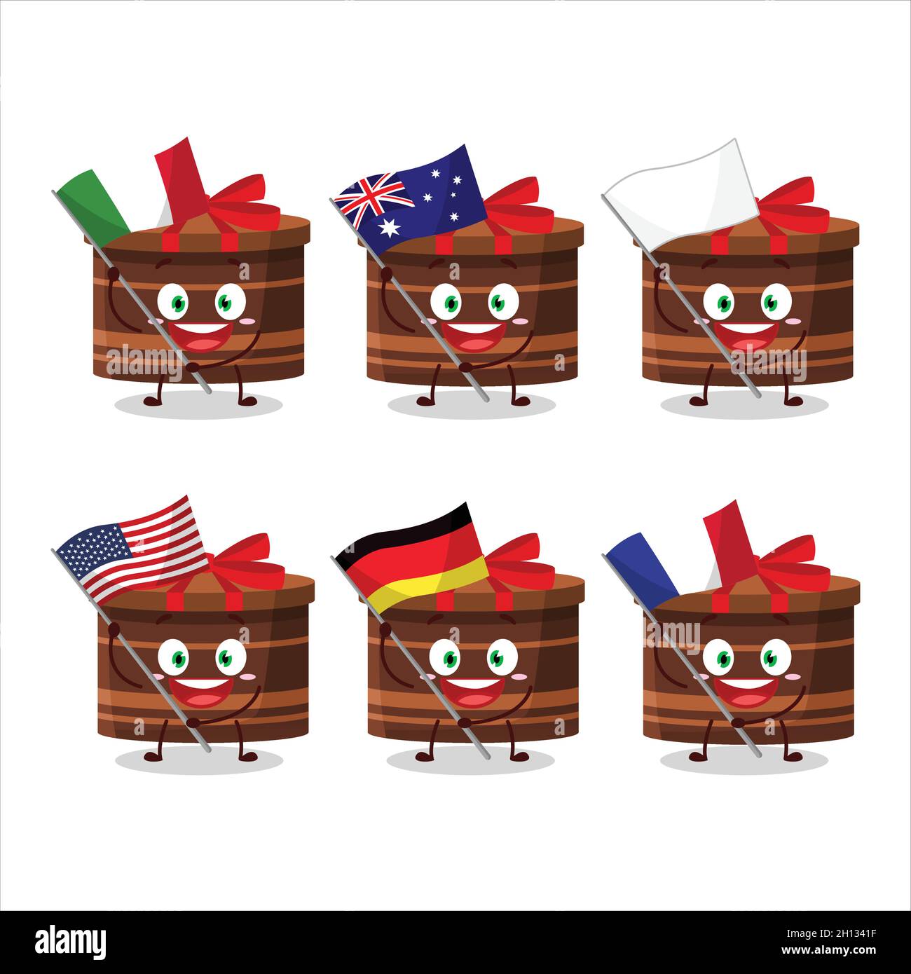 Brown round gift cartoon character bring the flags of various countries ...