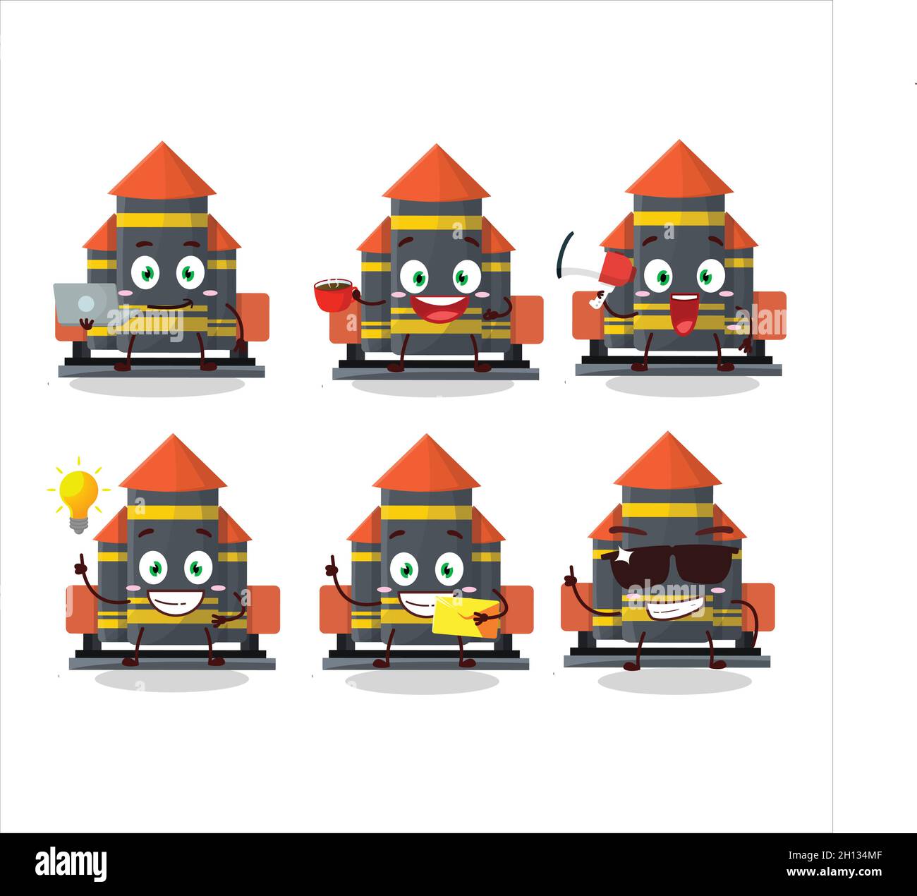 Firework rocket launcher cartoon character with various types of ...