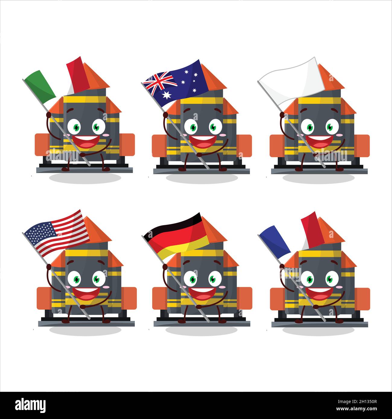 Firework rocket launcher cartoon character bring the flags of various ...