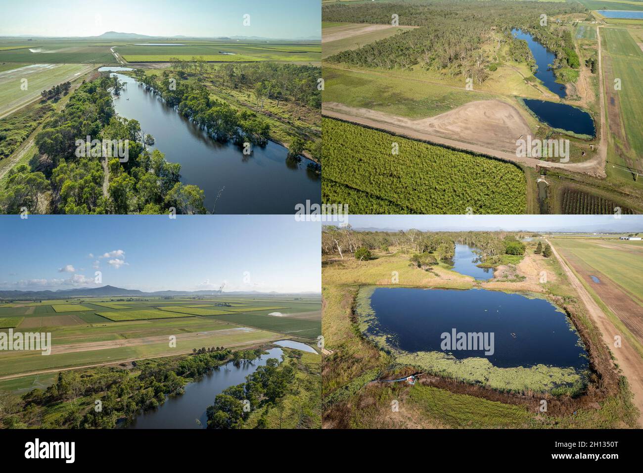 Collage of images of a wildlife reserve lagoon with two ponds of water ...