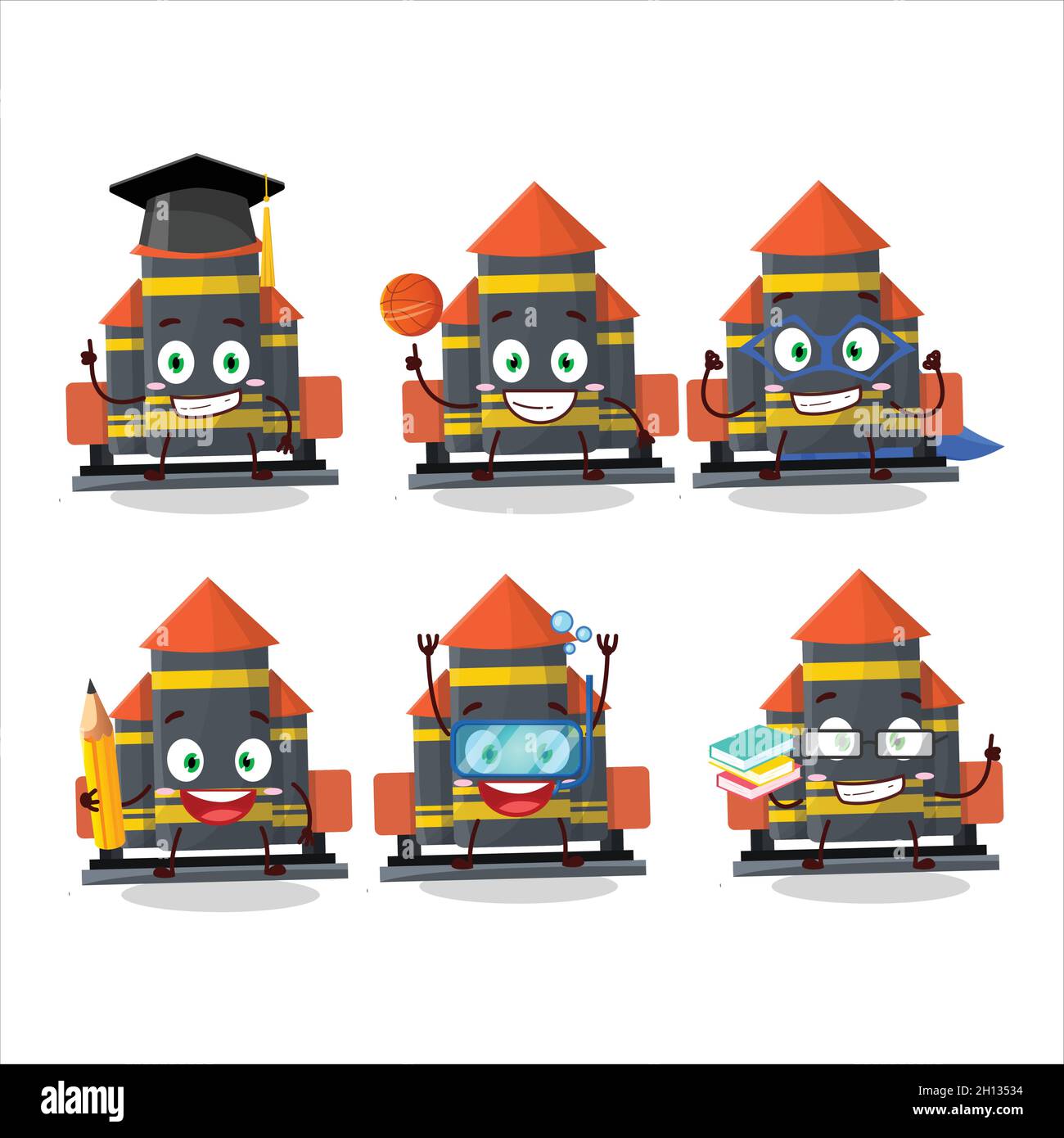School student of firework rocket launcher cartoon character with ...