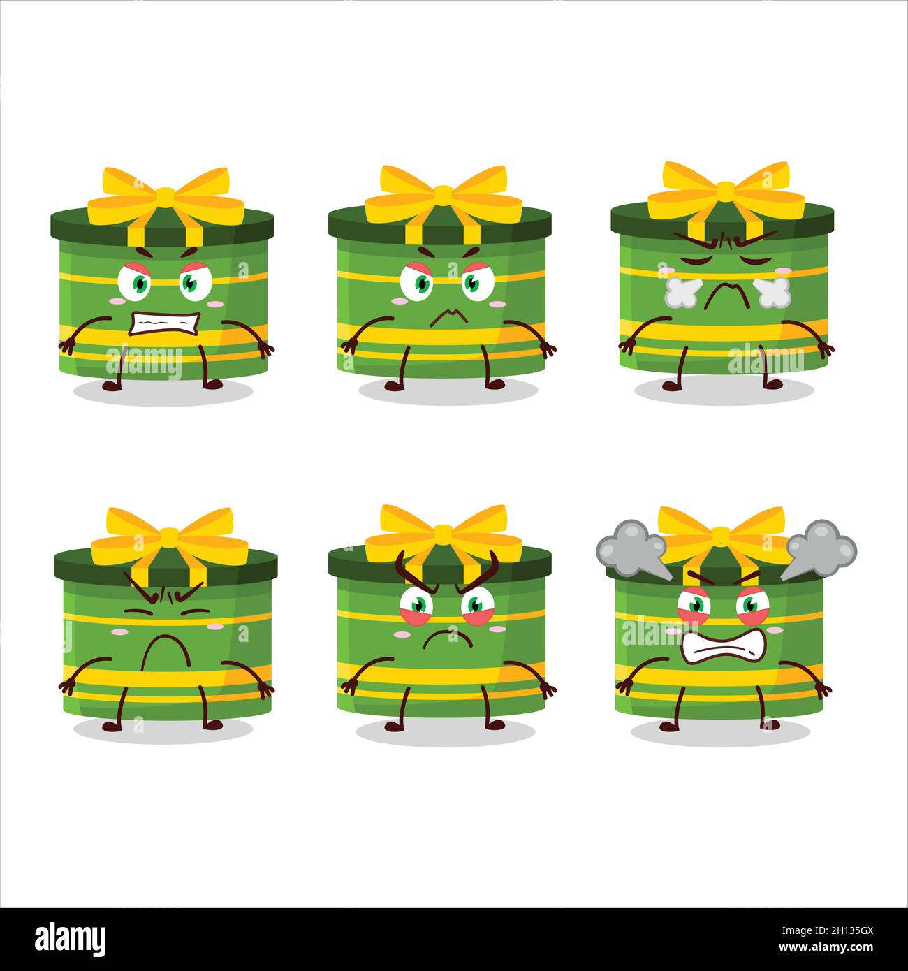 Green round gift cartoon character with various angry expressions ...